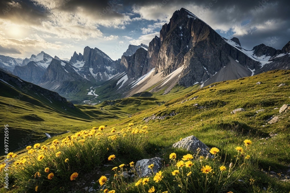 Scenic meadow full of yellow flowers and breathtaking view of the ...