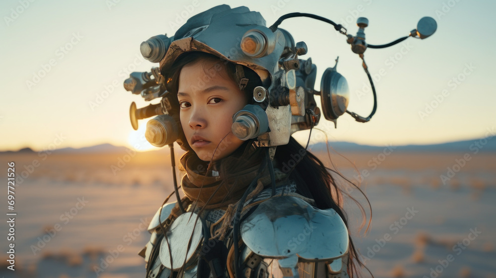 Cyborg Girl in mongolian desert. Mongolian asian bionic woman with ...