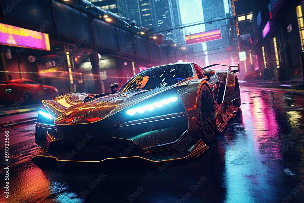 Art illustration neon street race between sleek hover vehicles, leaving ...