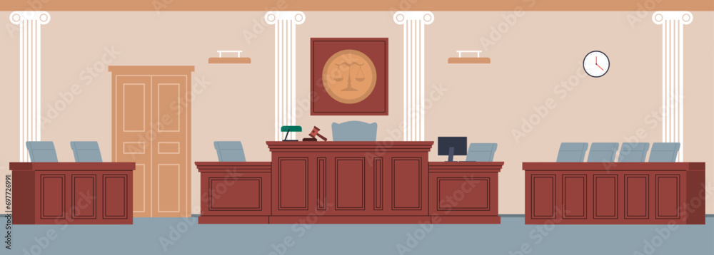 Courtroom interior with judge, attorney and jury table. Empty room ...