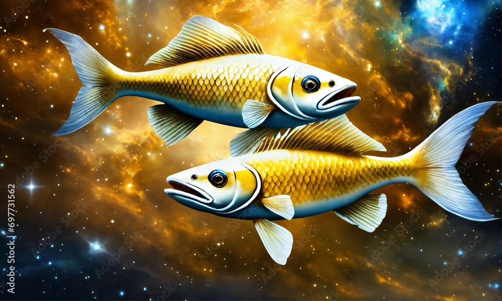 two gold and white fantasy fish pike opposite each other, zodiac sign ...