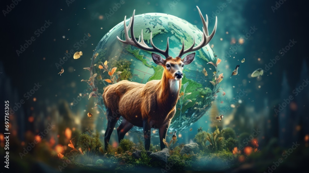 Deer with antlers in the forest. Elements of this image furnished by ...