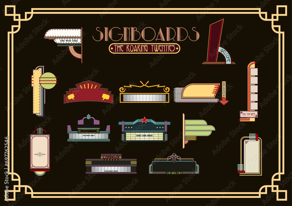 1900s - 1920s Style Lightboxes and Neon Signboards, Vector Templates ...