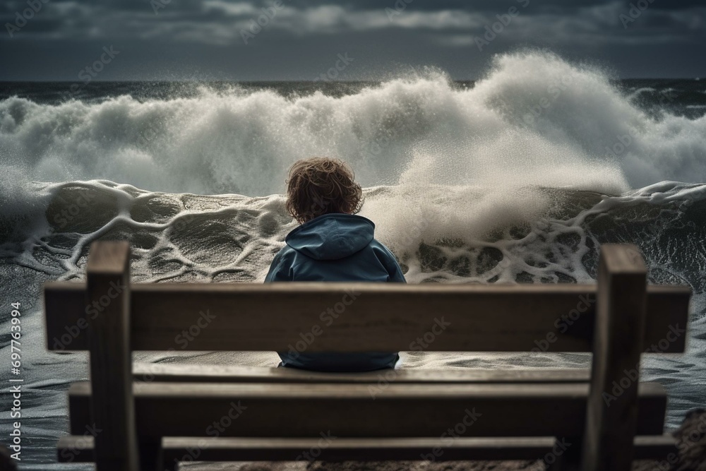 A lonely infant gazes at the turbulent ocean from a bench, conveying ...