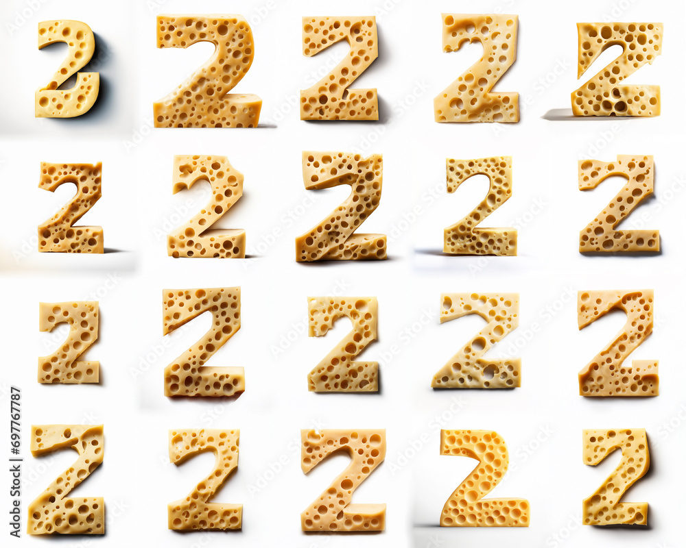 Group of various 2 shaped digits made from yellow cheese isolated on ...