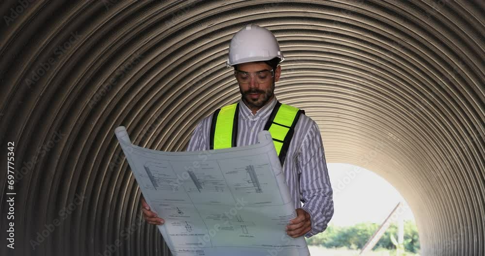 Mechanical engineer with green safety vest holds construction drawing ...