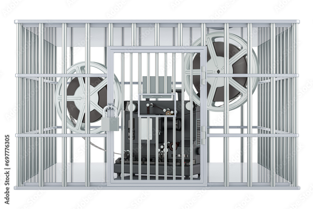 Cinema projector inside cage, prison cell. Freedom of Information ...