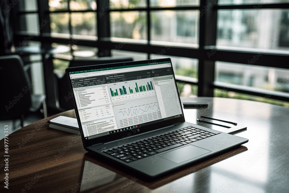 Laptop displays excel sheet in conference room. Generative AI Stock ...