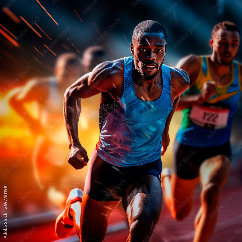 Professional black marathon athlete with taut muscles running fast in a ...