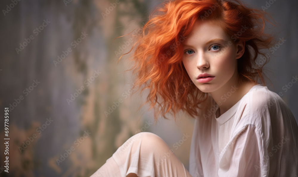 Ethereal young model with vibrant red hair and a thoughtful expression ...