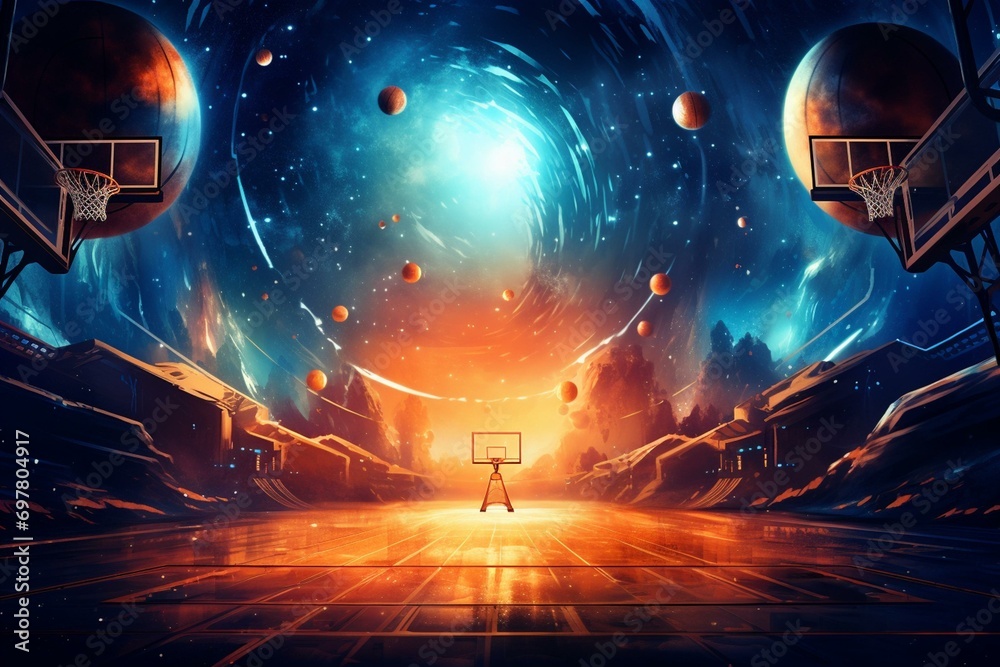 Basketball court with orange and blue colors in outer space, featuring ...