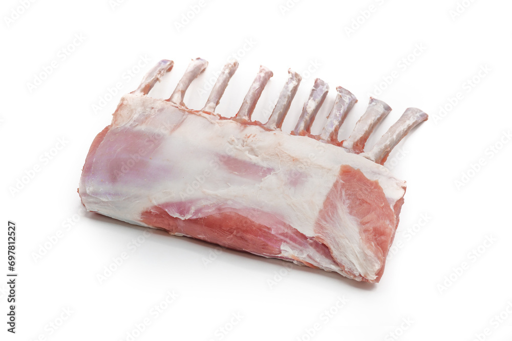 Assorted cuts of goat meat include shoulder, leg, loin, and ribs ...