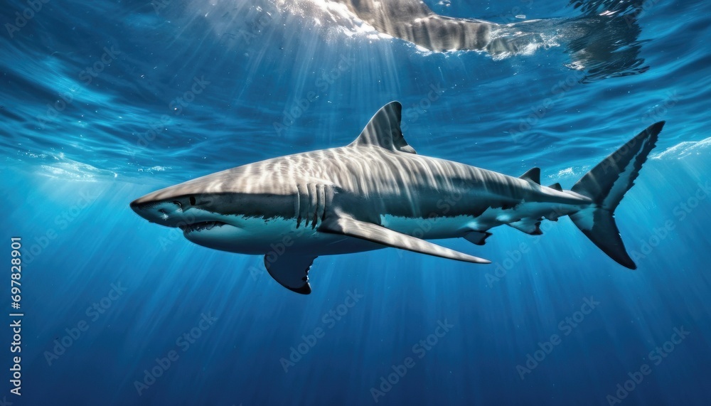 a great white shark swims beneath the surface of the water with its ...