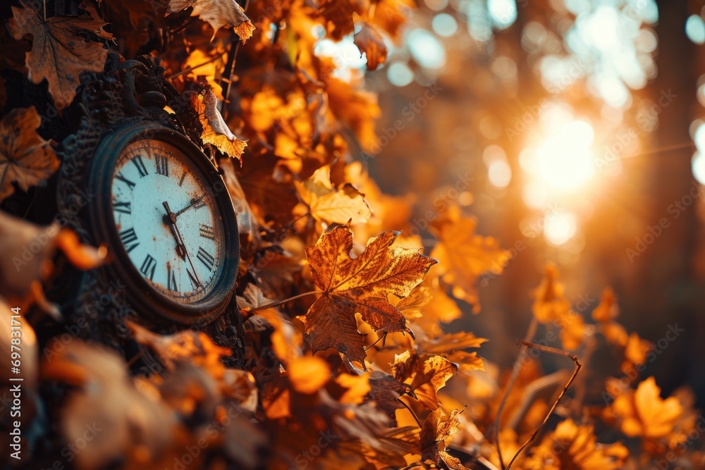 A clock sitting on top of a tree covered in leaves. This image can be ...