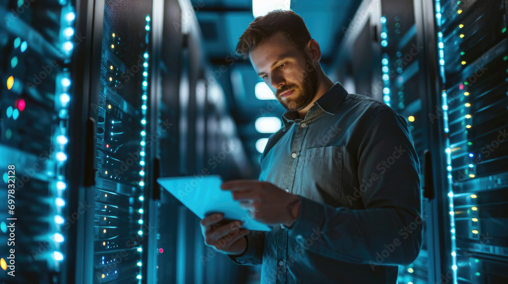 The system administrator checks the data in the data centre, server ...