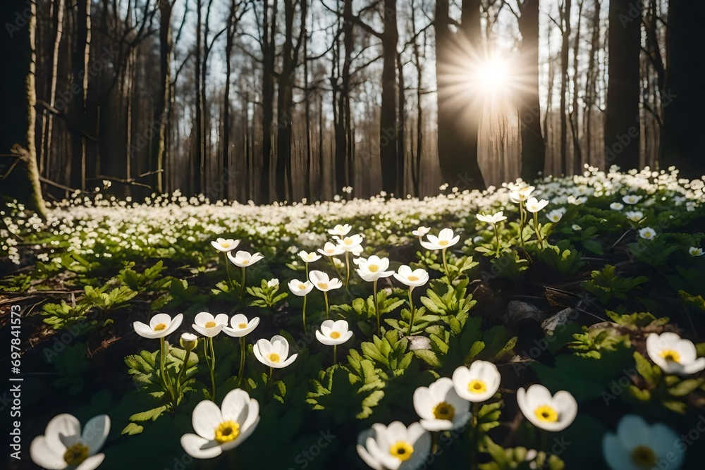 Beautiful white flowers of anemones in spring in a forest close-up in ...