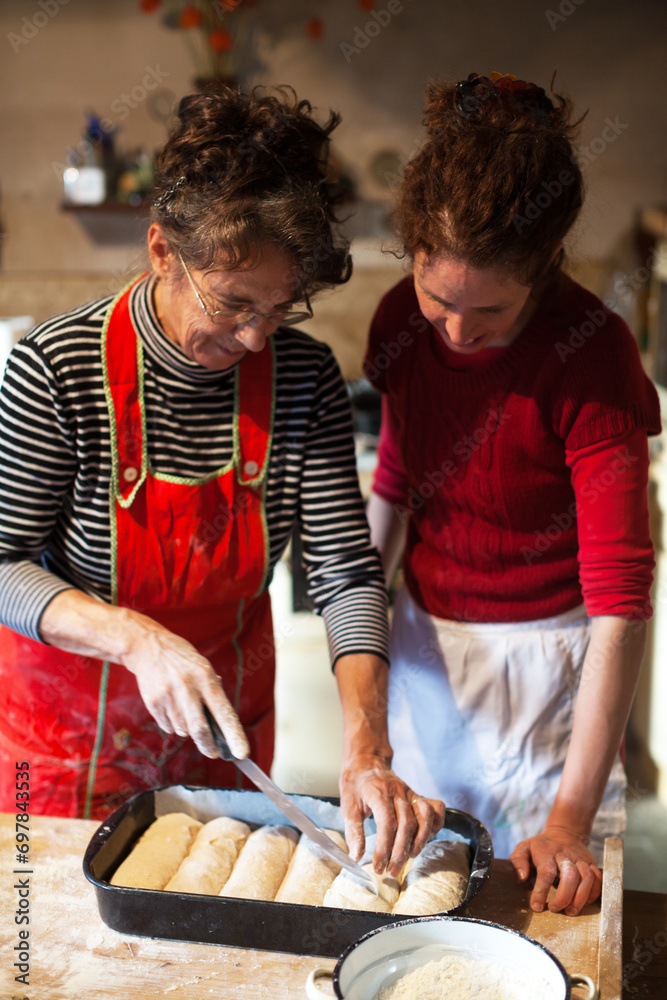 Expert Senior Woman Baker Teaching a Younger Adult Woman the Art of ...