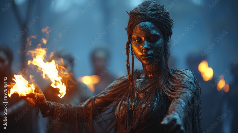 Wild dances of the aborigines, Indians dance around the fire and with ...