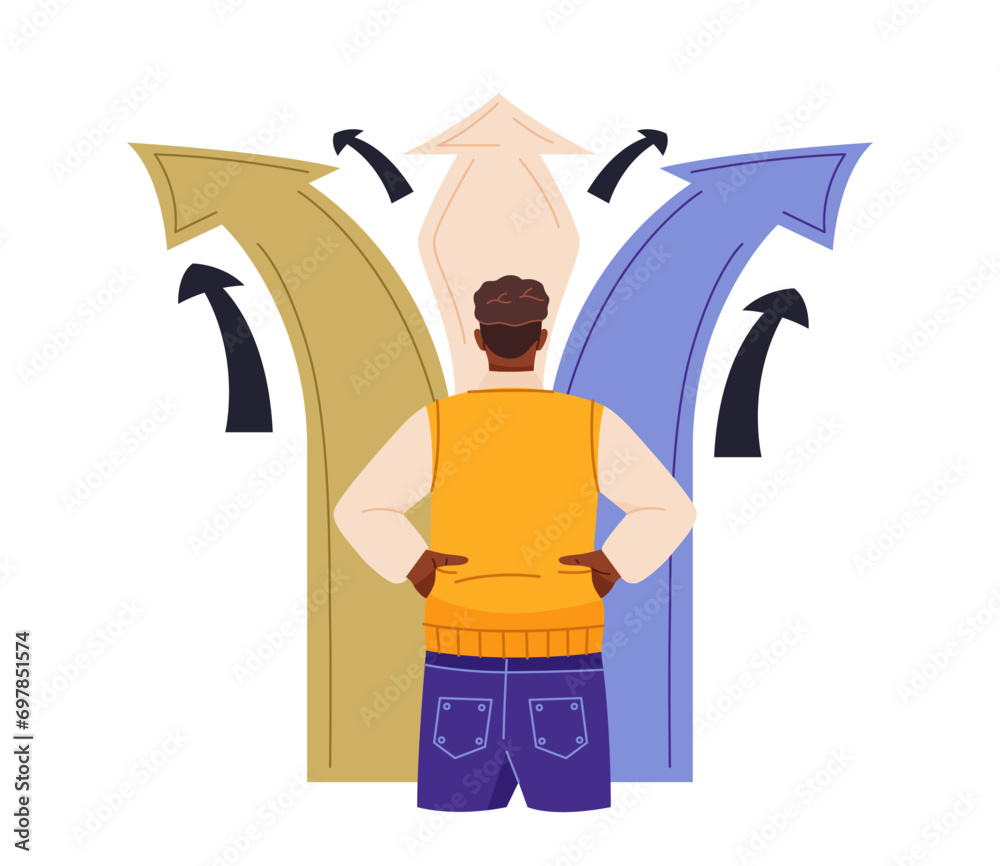 Choosing from multiple solutions. Man stand in front of different roads ...
