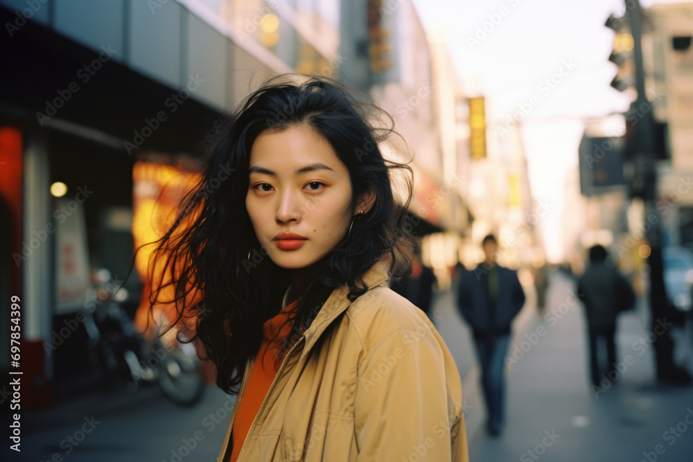 cinematic street style fashion portrait headshot of an attractive asian ...