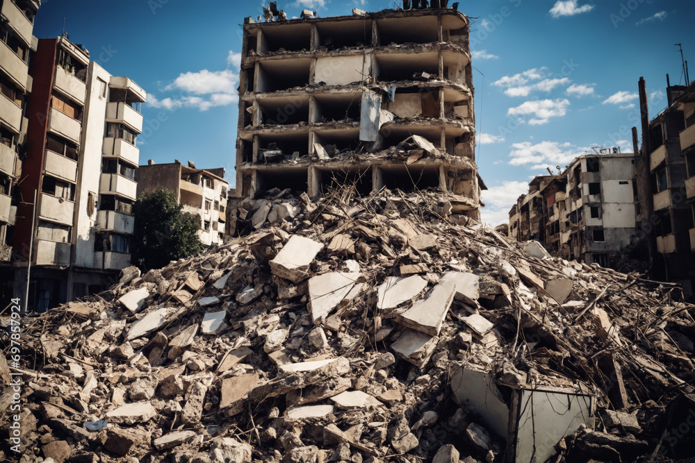 Destroyed building and streets after an earthquake. The city is ...