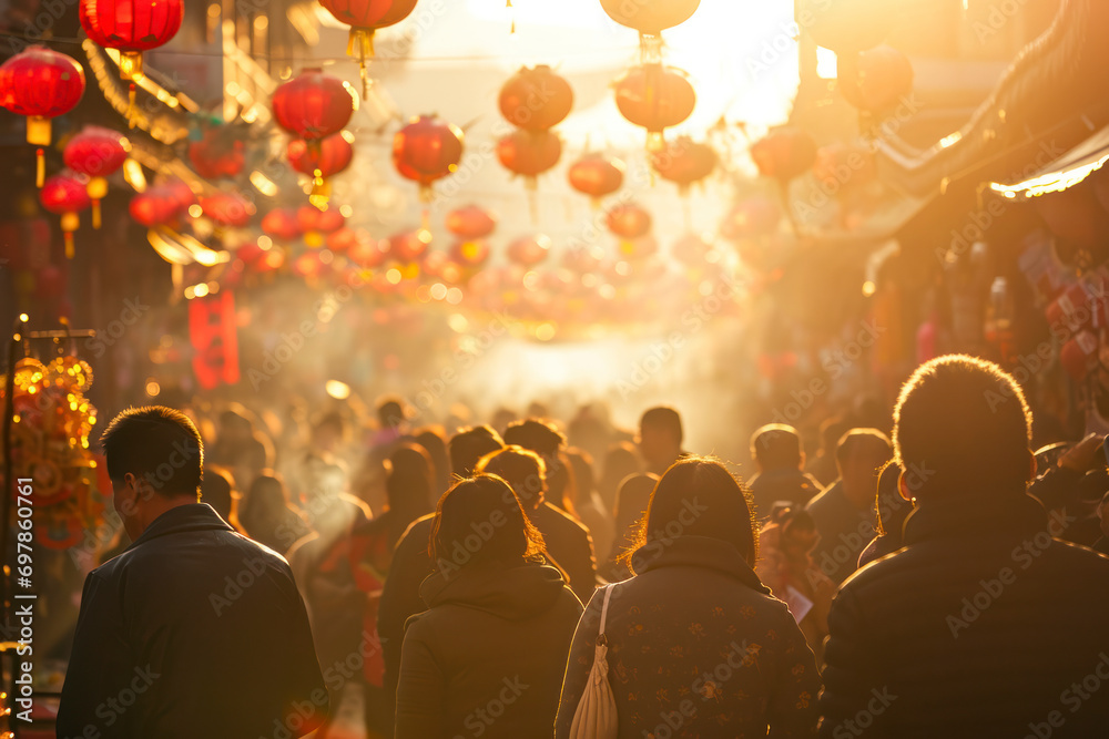 Temple fair festivities, a bustling scene of a Chinese New Year temple ...