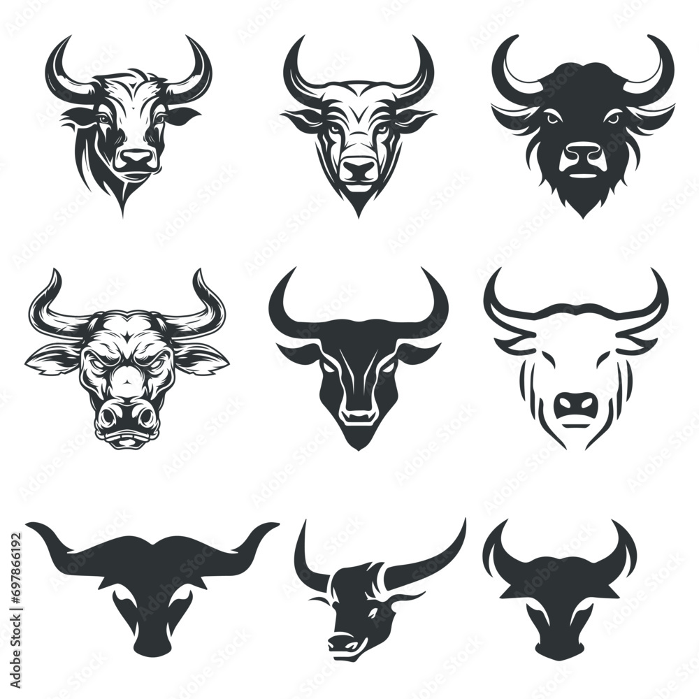 set of buffalo face vector logo elements, bull, cow, animal, cartoon ...