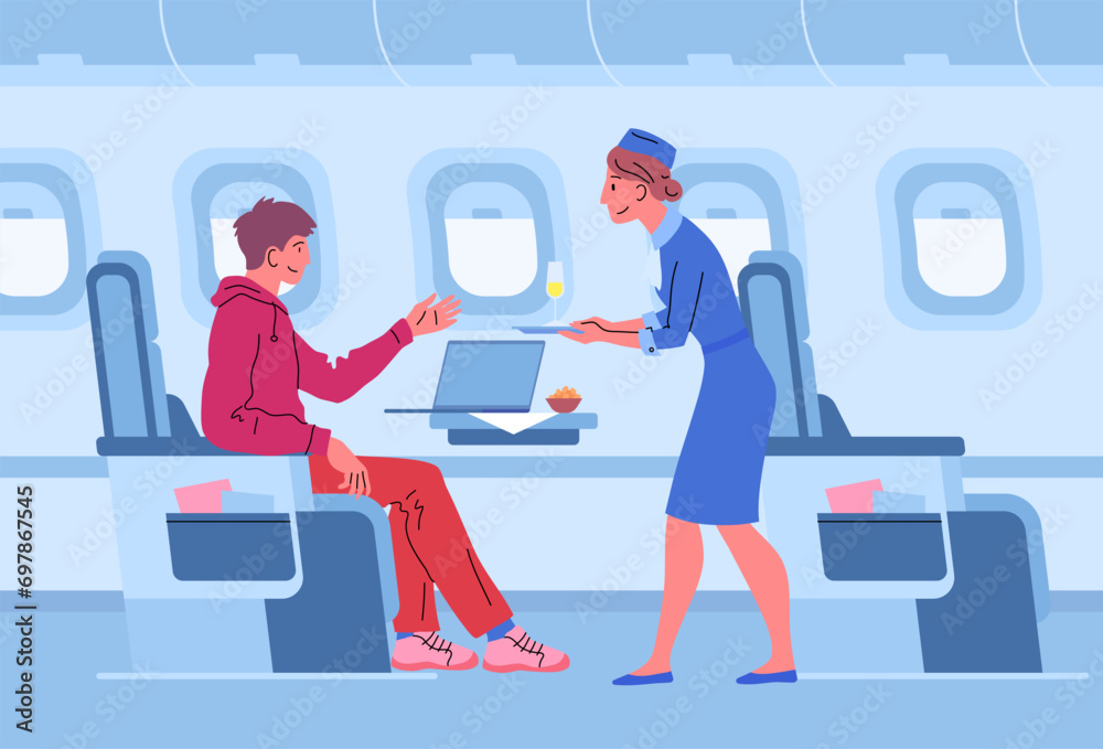 Vector first class service on airplane scene illustration. Business ...