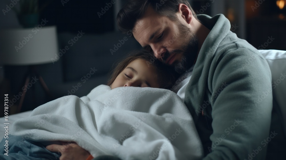 man take care of little ill daughter. Sick child lying on bed under ...