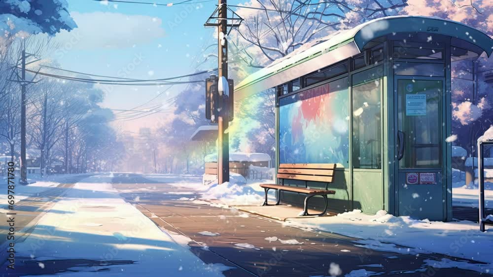 bus stop when it snows. Anime art style. Loop animation. Lofi music ...