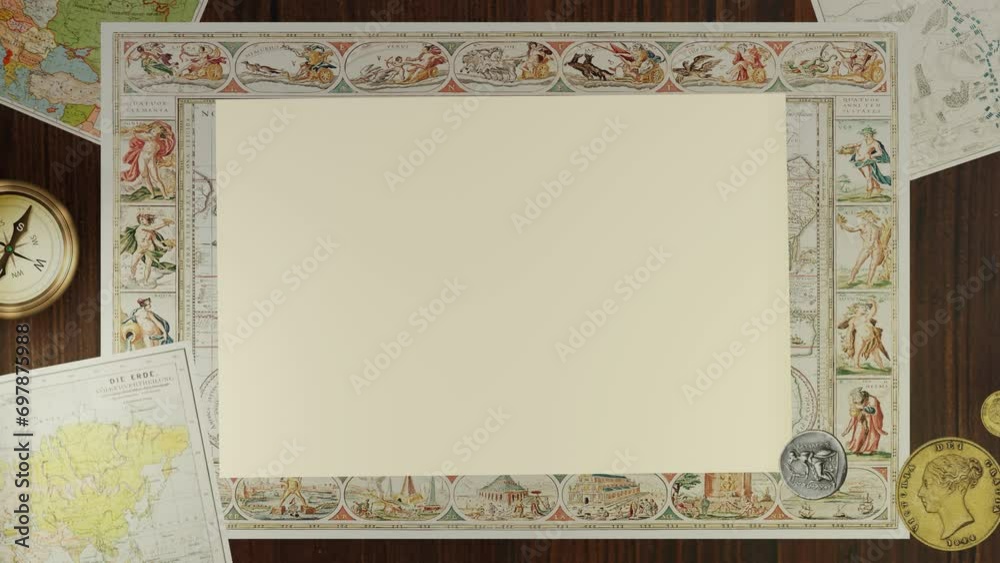 Old paper scroll or parchment animation. 3d With Coins and compass ...