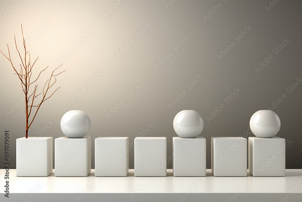 Eight white rectangular boxes of varying heights in a white wall, in ...