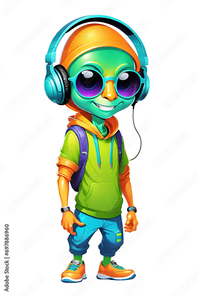 Cartoon green alien with headphones and sunglasses isolated on ...