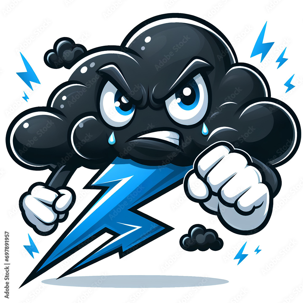 black cloud cartoon and blue lightning with angry expression Stock ...