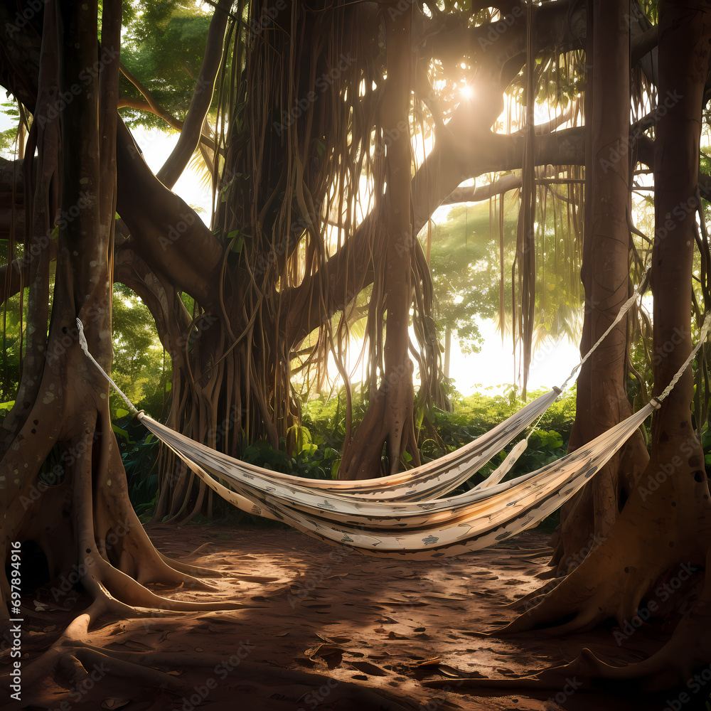 Hammock suspended between two ancient banyan trees in a tropical ...