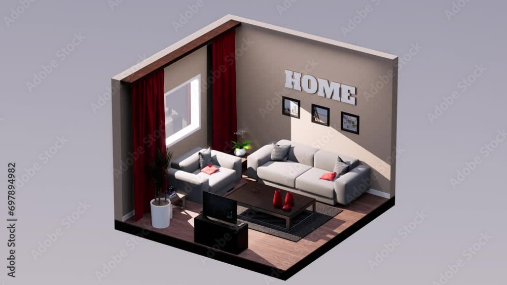 3D isometric living room, with grey sofa and chair, TV stand, table ...