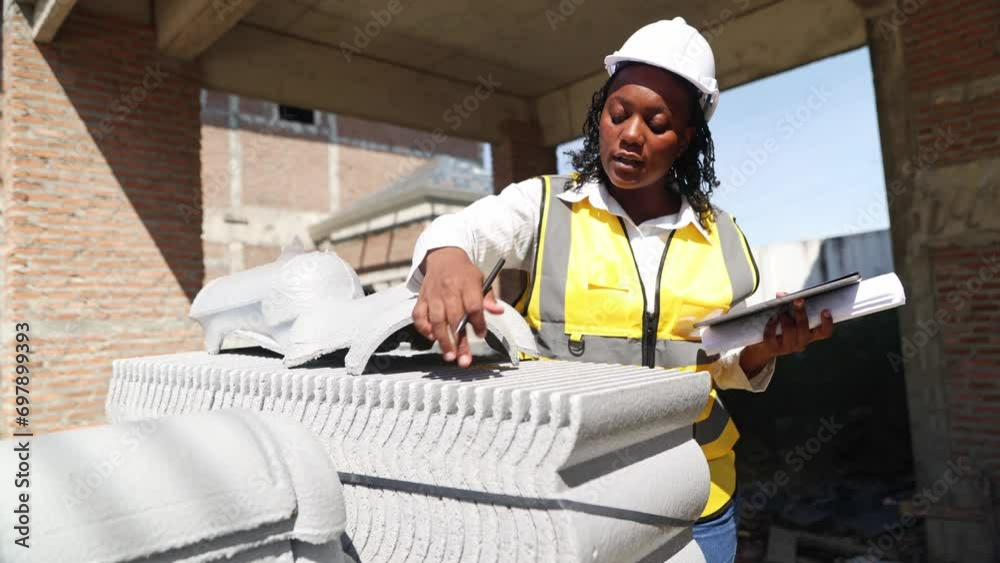 African American black woman architect in hard hat holding digital ...