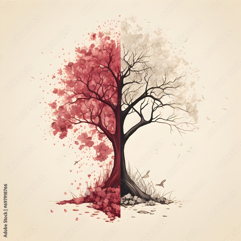 cherry blossom tree half is bloom and half is whether, ai generative ...
