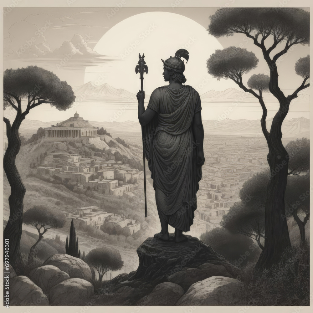 Athenas Mythical Silhouette Detailed Etching Of The Goddess Athena Merged With A Natural