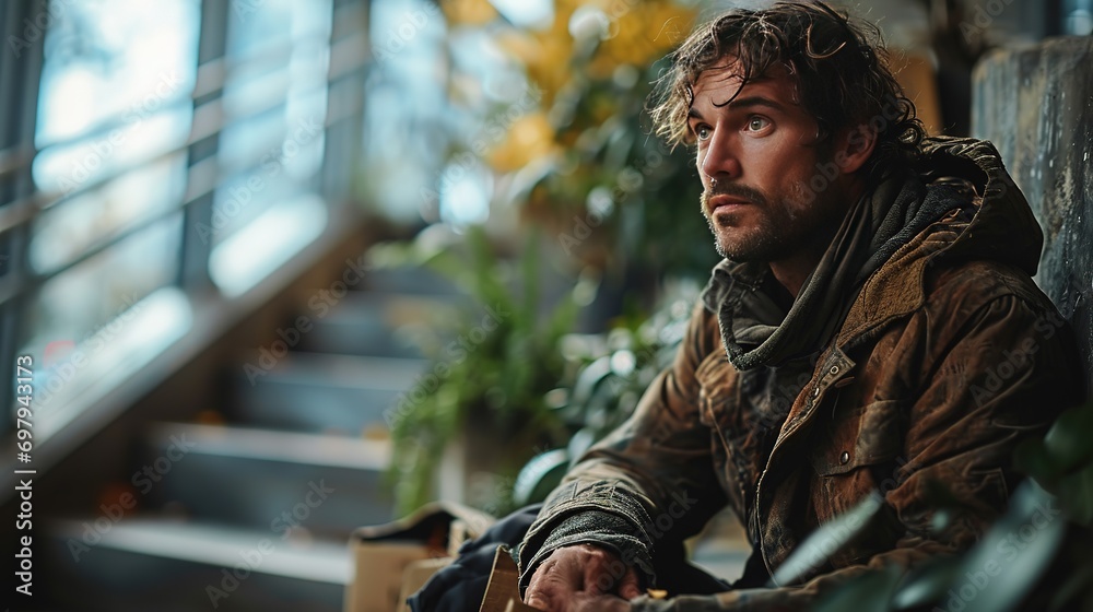 A sad man lost his home and lost work, became bankrupt, sits sad on the ...