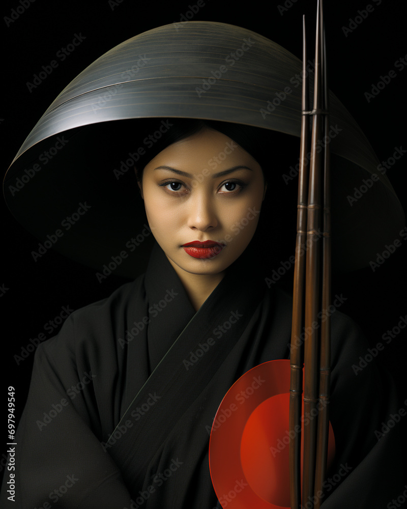 A mysterious woman cloaked in darkness wields a bamboo stick, her face ...