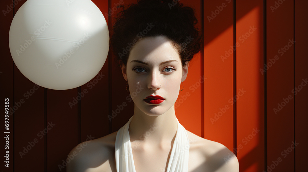 A stunning woman gazes confidently at the viewer, her bold red lips and ...