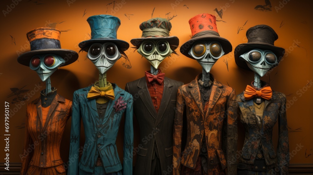 Three wacky cartoon characters donning suits and top hats pose before ...