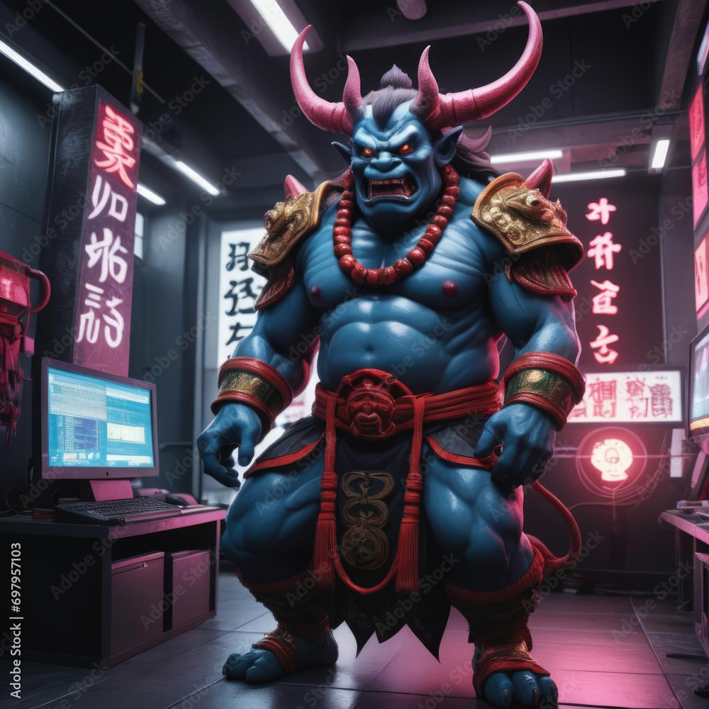 Neon Pop Art: Traditional Japanese Oni Demon as High-Tech Security in ...