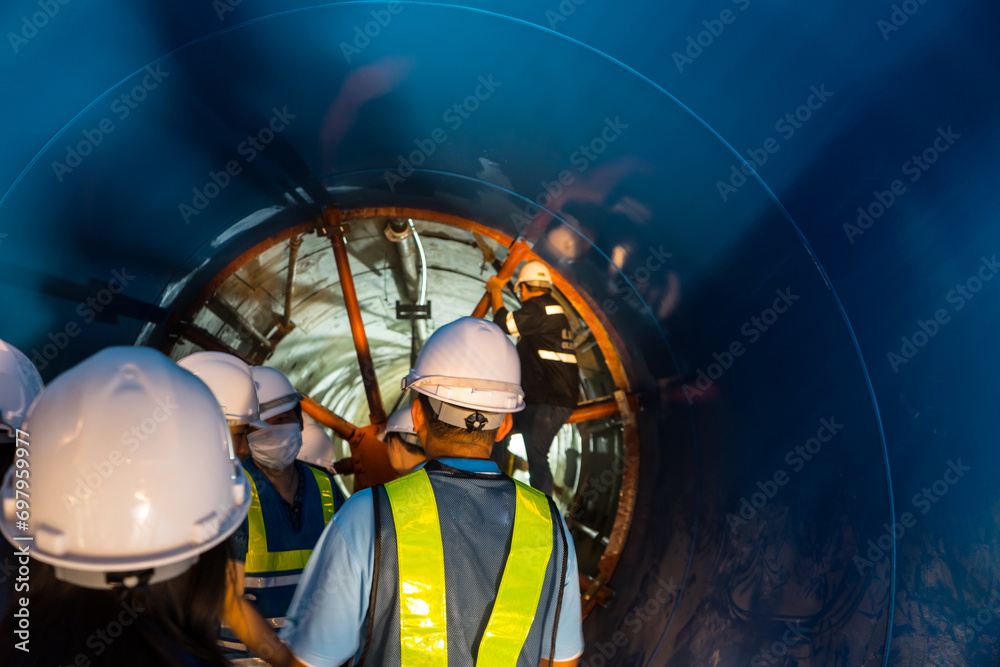Engineers wear helmet, vests safety .Technician control underground ...
