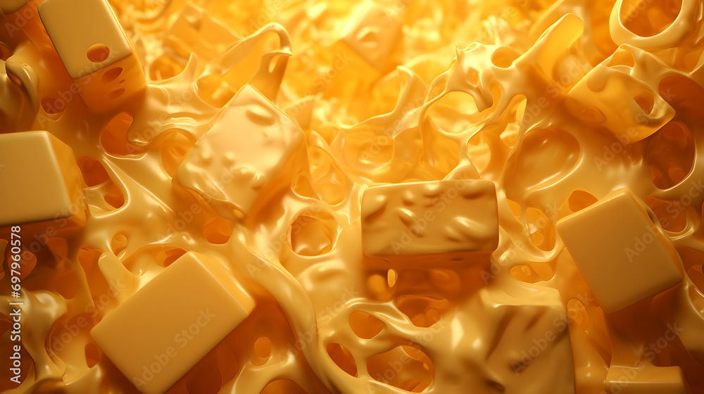 sea of melted cheese with square and rectangular cheese pieces floating ...