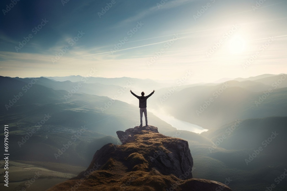 person standing on top of a mountain, looking out at a vast landscape ...