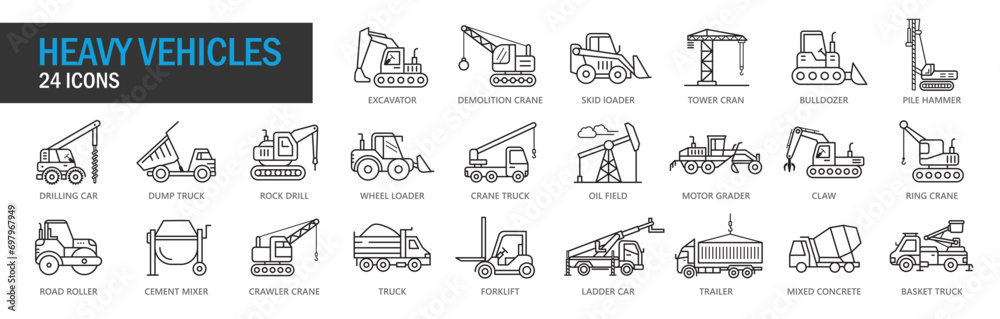 Heavy Equipment icon set. Excavator, Motor Grader, Forklift, Tower Cran ...
