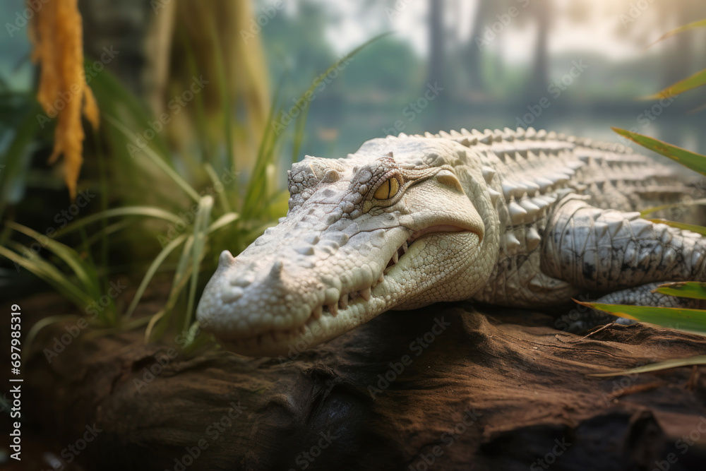 An albino crocodile basking on the banks of a tropical river, perfectly ...