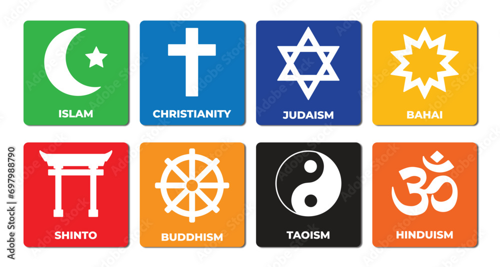 The pluralism of symbols with a colorful grid ; set of symbol religion ...